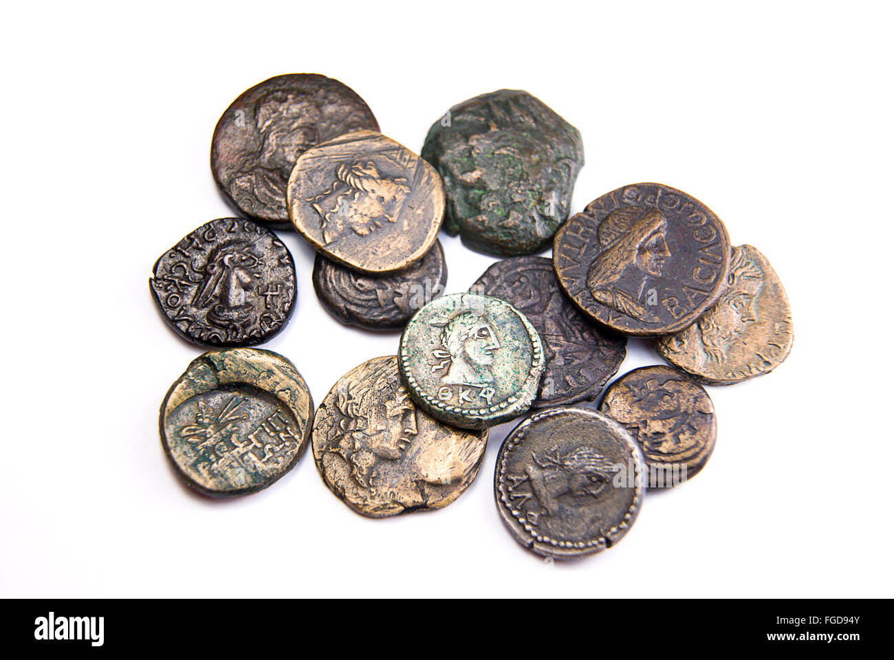 A lot of old coins with portraits of kings on a white background Stock ...