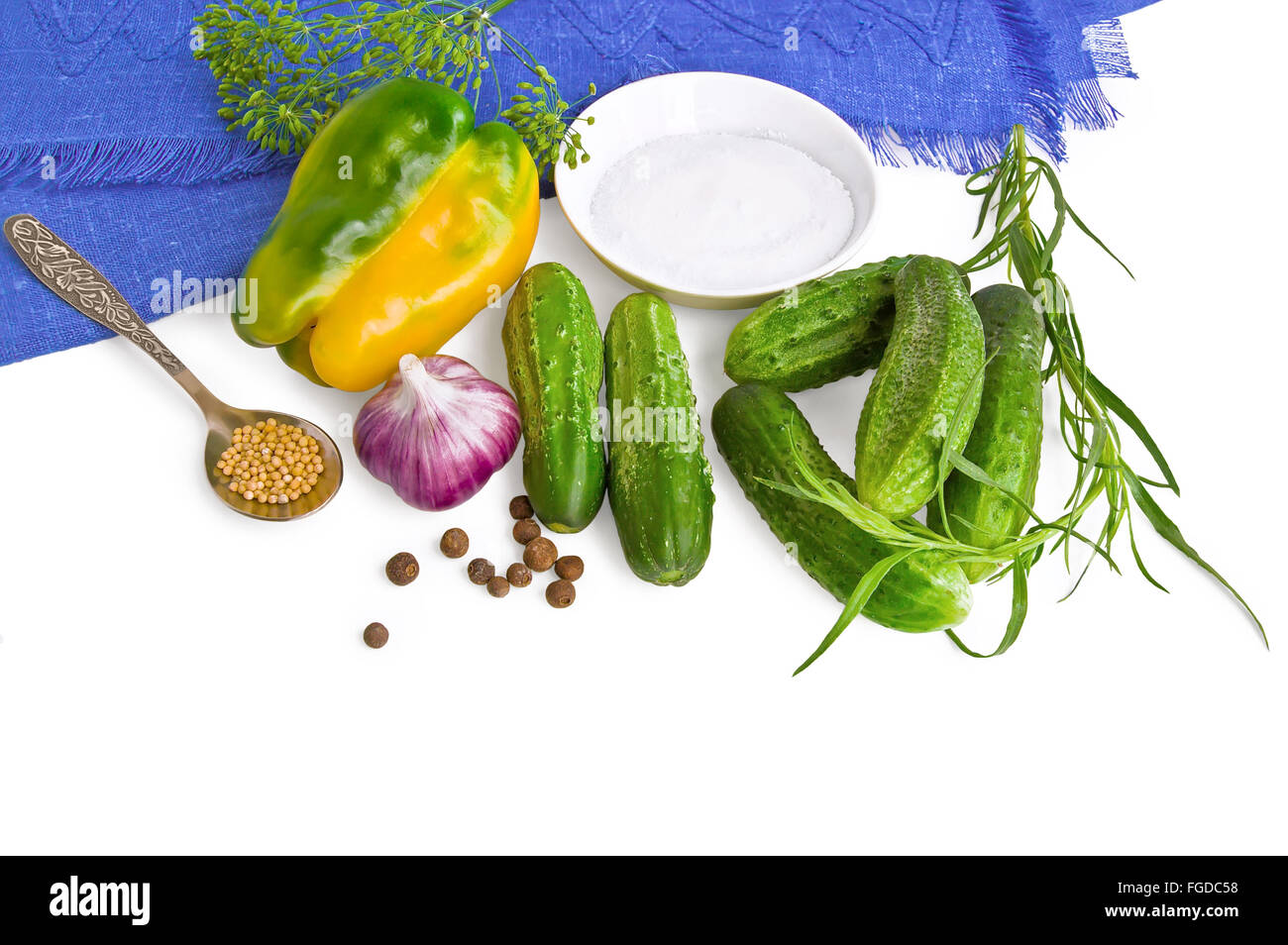 Vegetables with spices, salt and blue cloth Stock Photo - Alamy