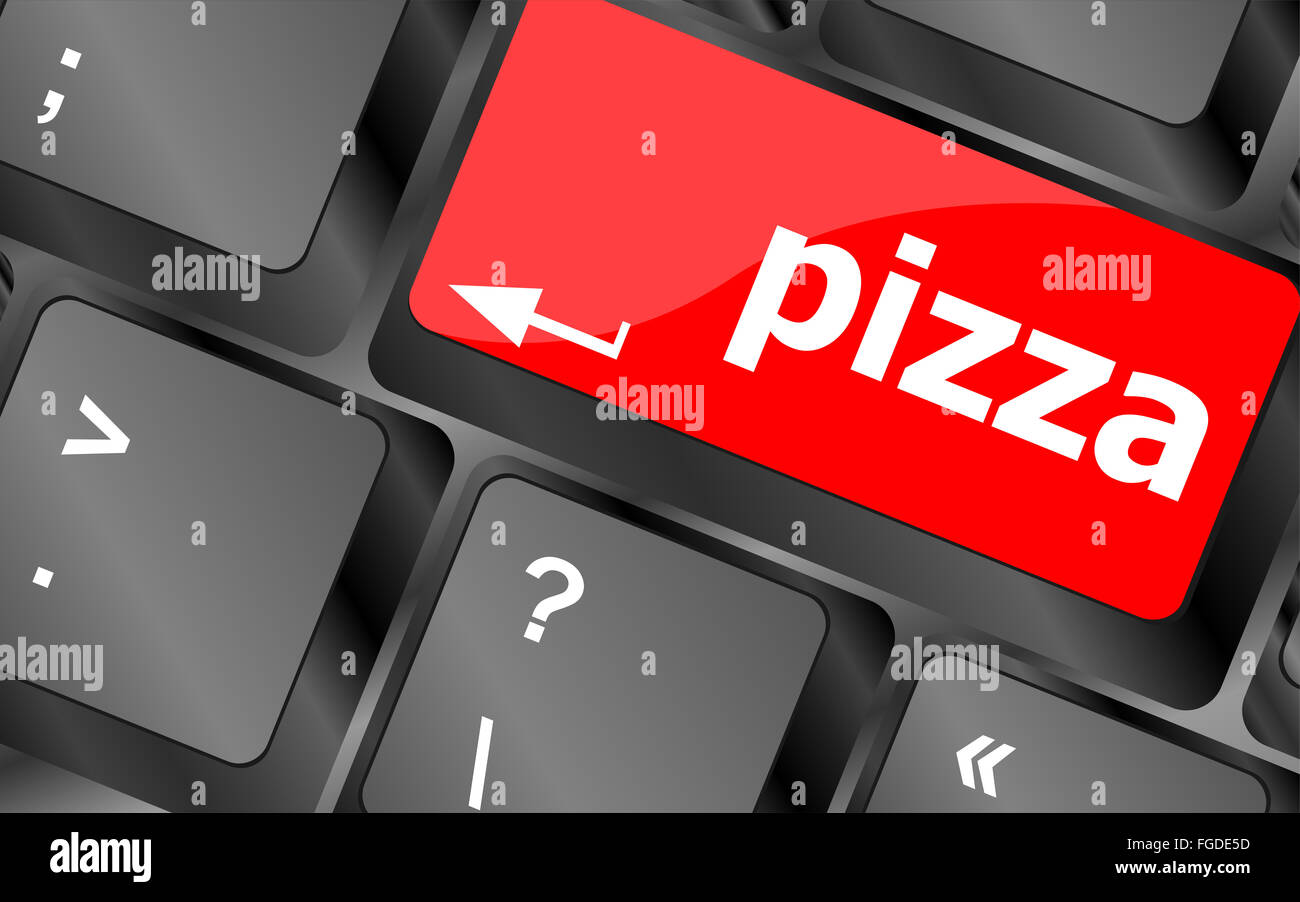 Computer keyboard with blue pizza word on enter key Stock Photo - Alamy