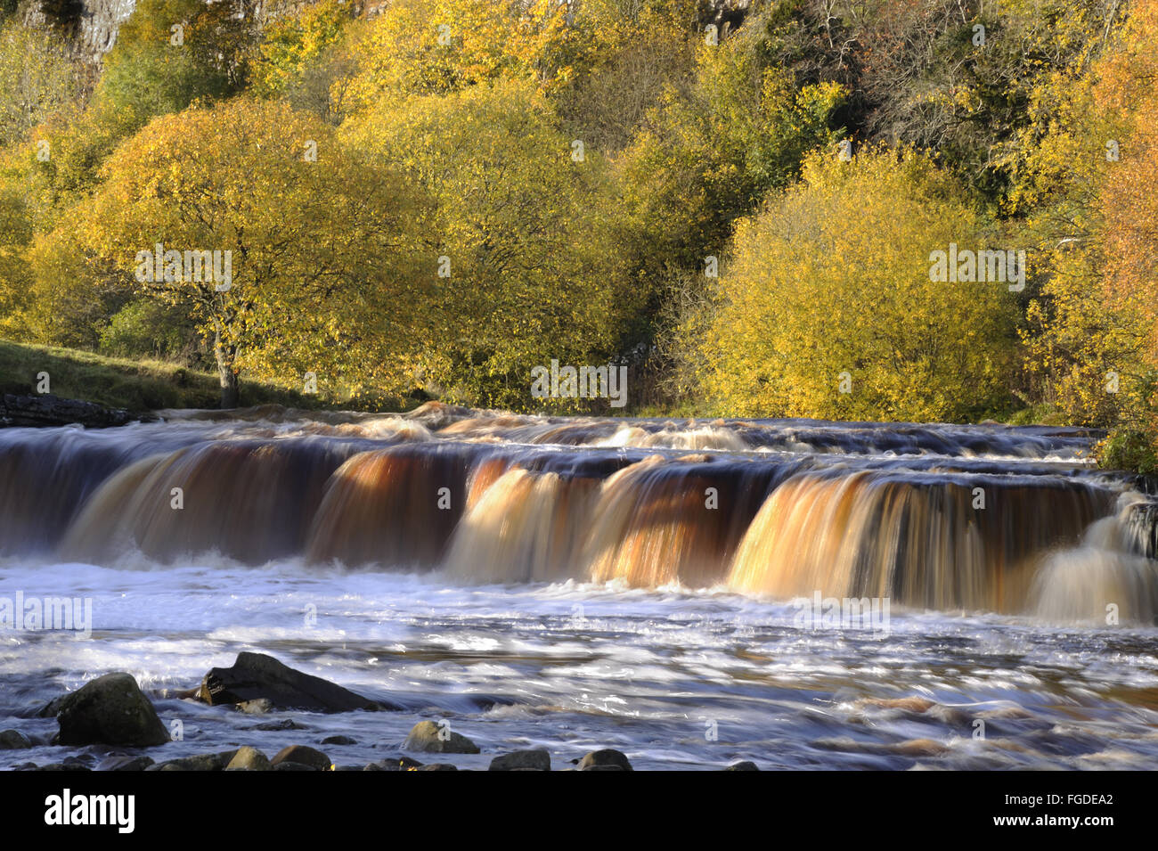 View of waterfall and trees with leaves in autumn colour, Wain Wath ...