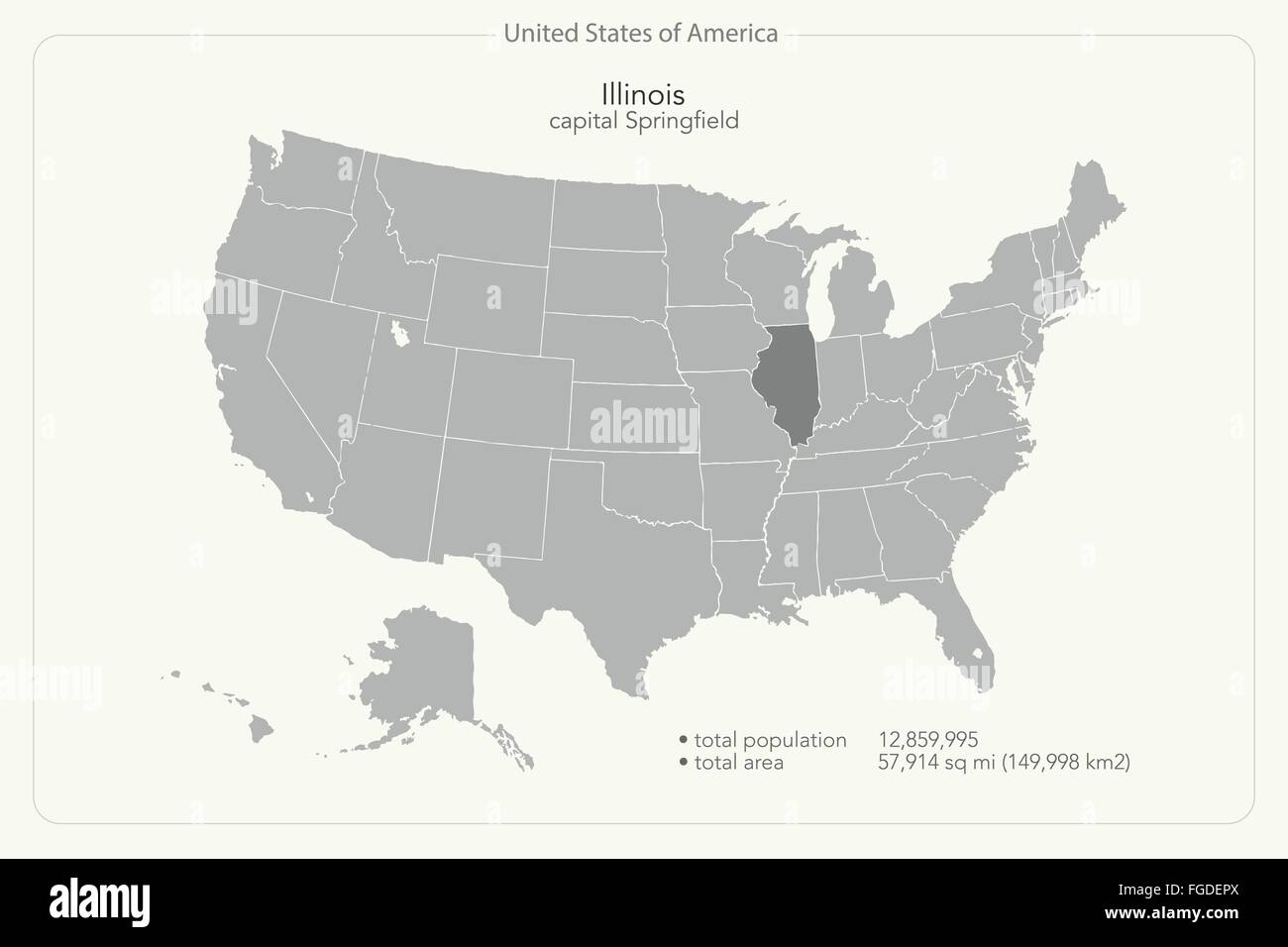 United States of America isolated map and Illinois State territory ...