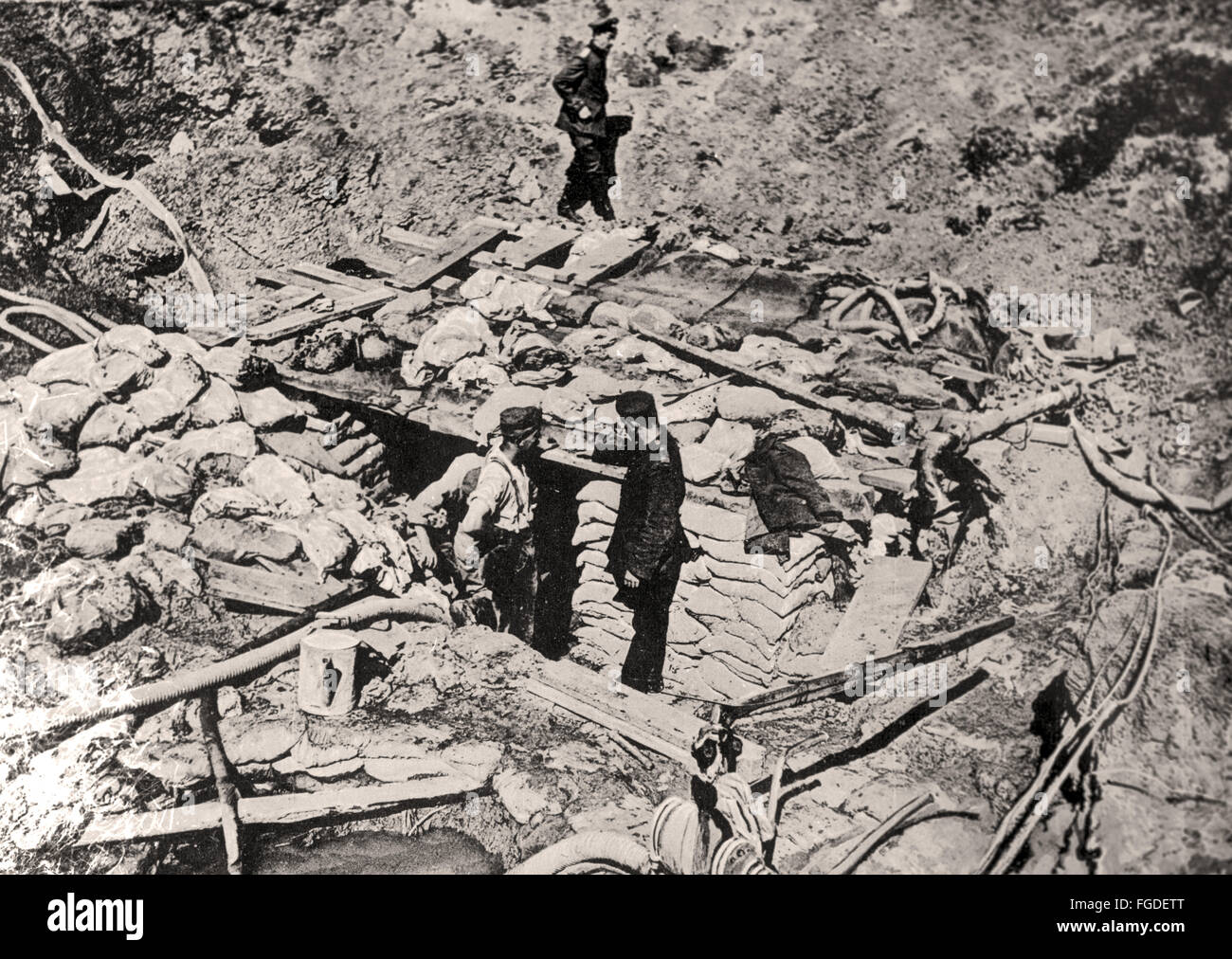 German soldiers in a conquered French mine crater with dugout near ...