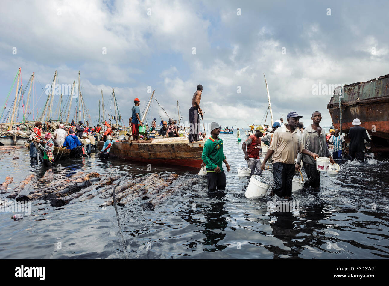 Porters downloading buckets full of fish from small boats Stock Photo ...