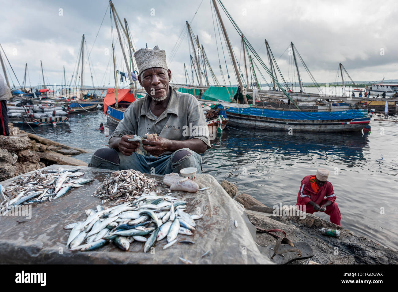 Man selling small fish in a basic stall at the fishing port Stock Photo ...
