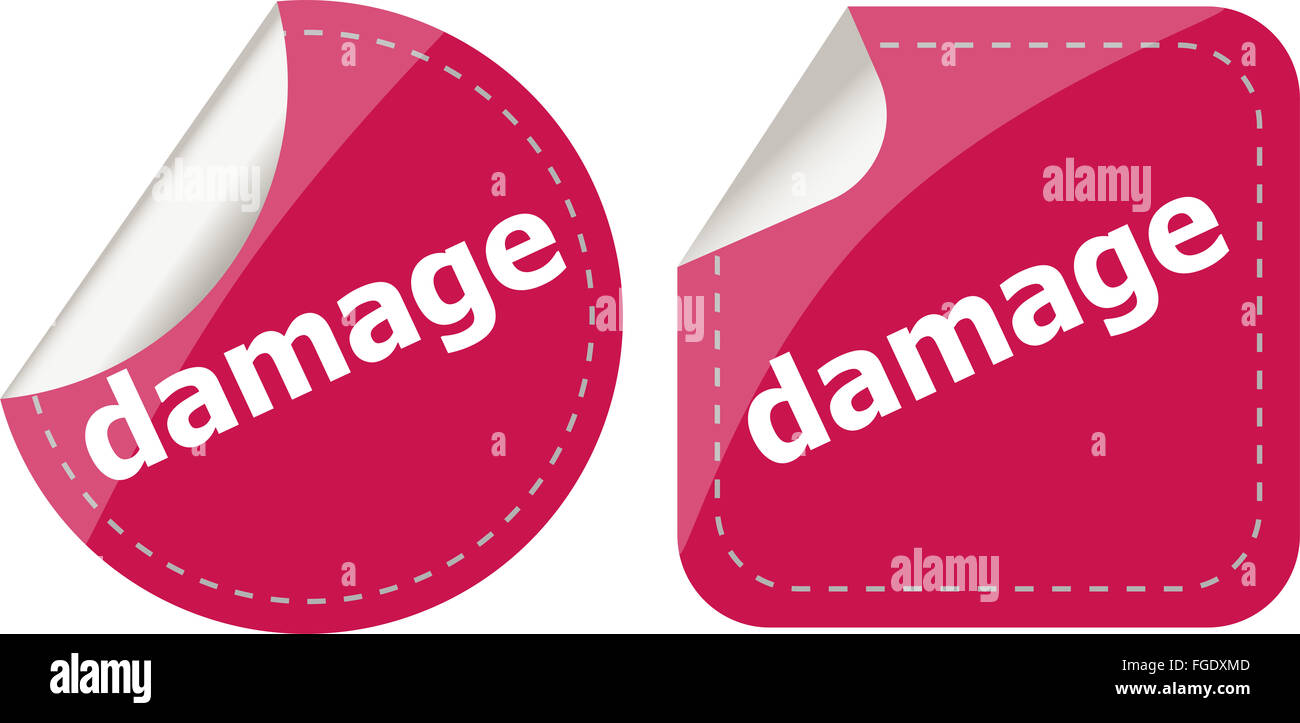damage word on stickers web button set, label, icon Stock Photo - Alamy