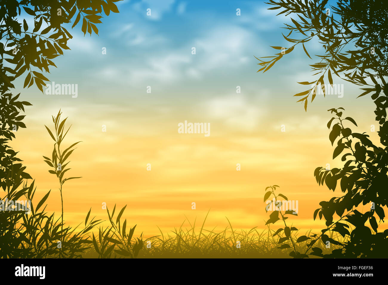 A Sunset Background with Floral Border and Leaves Stock Photo - Alamy