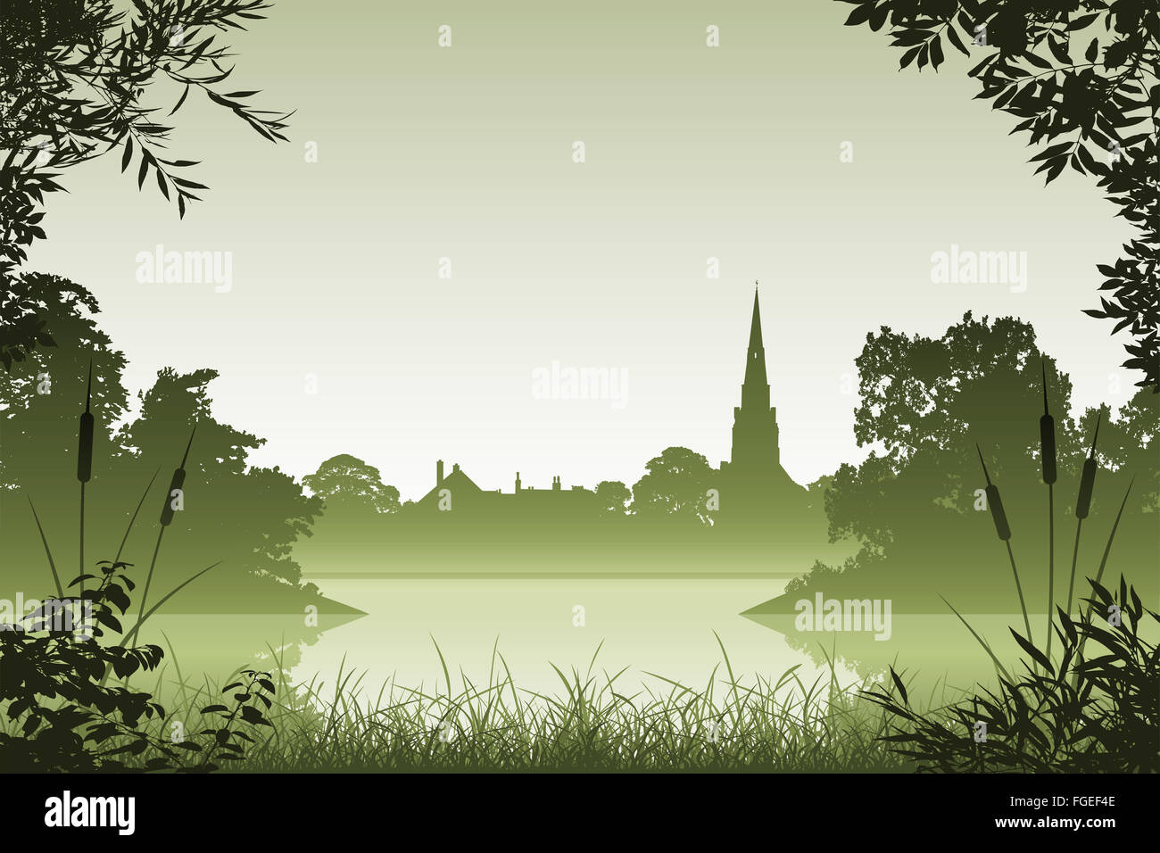 Landscape with Church and Floral Border and Leaves Stock Photo - Alamy