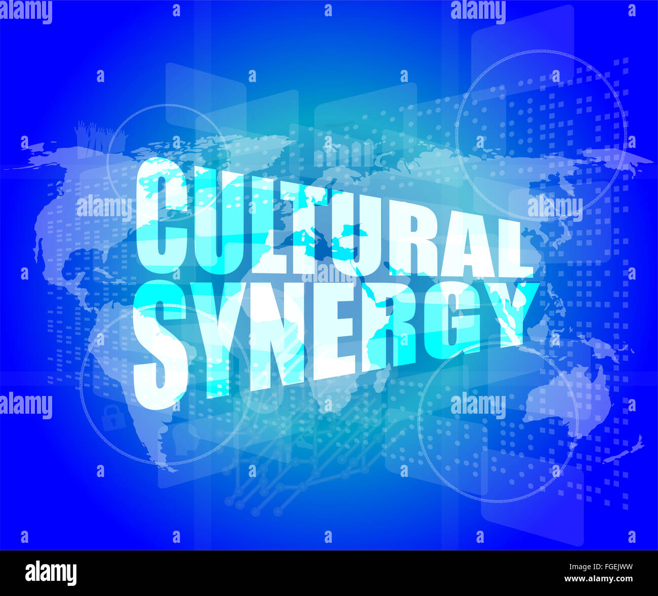 cultural synergy words on digital screen with world map Stock Photo - Alamy