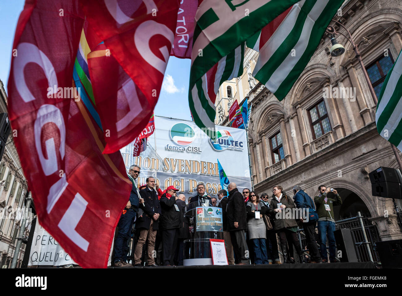 Rome, Italy. 19th Feb, 2016. Eni Italian workers wave flags and shout ...