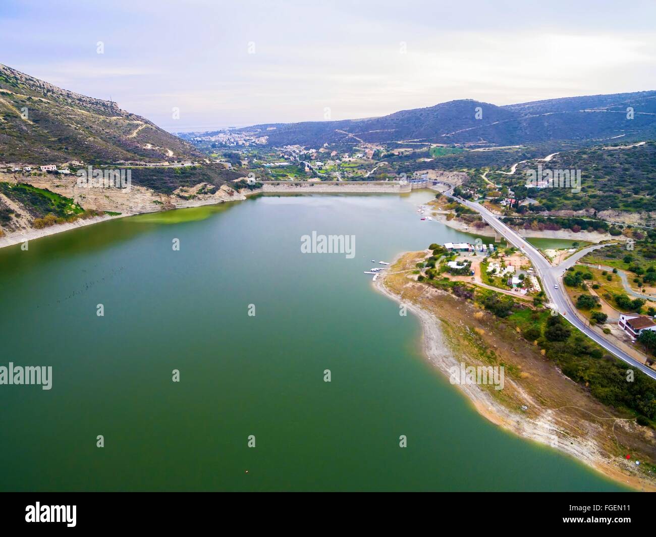 Aerial view of the earthfill dam (aka Embankment Dam) in Yermasoyia ...