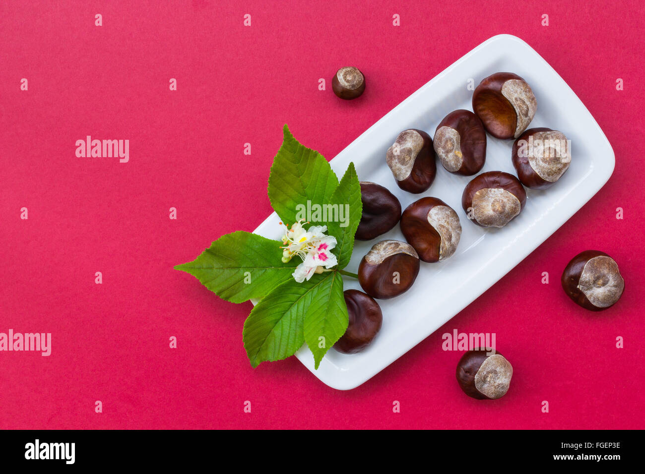 Chestnuts on white plate and red background Stock Photo - Alamy