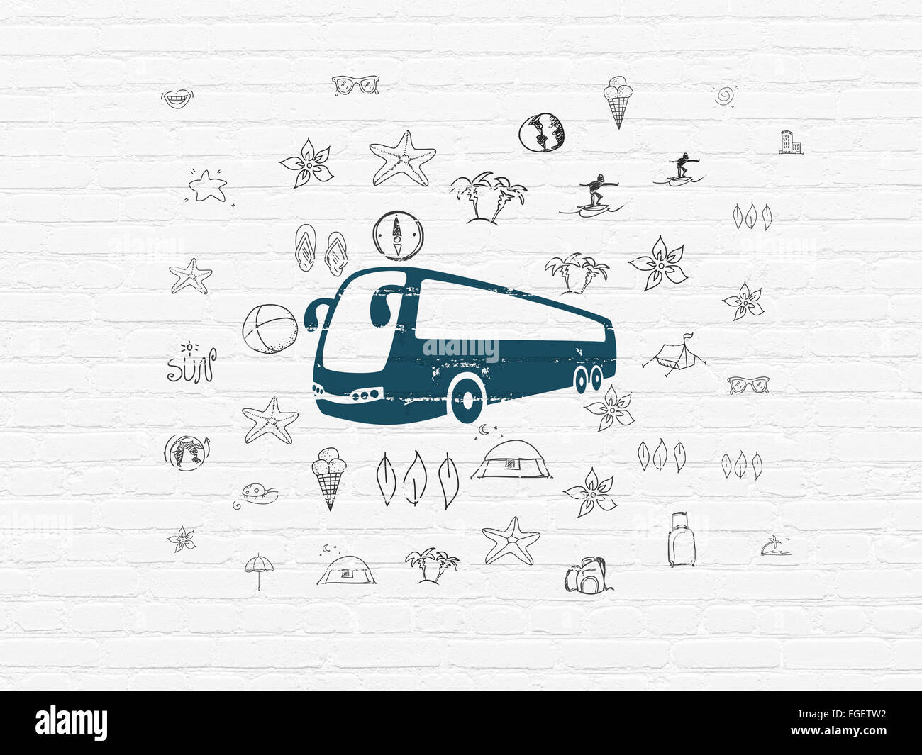 Tourism concept: Bus on wall background Stock Photo - Alamy