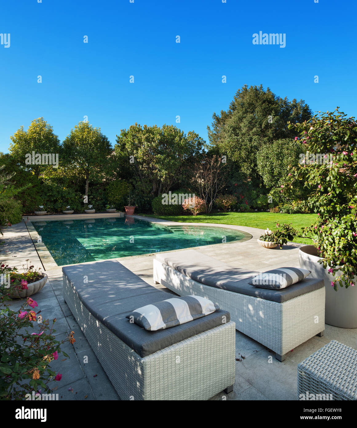 Architecture; beautiful garden with pool, two sunbeds view Stock Photo ...