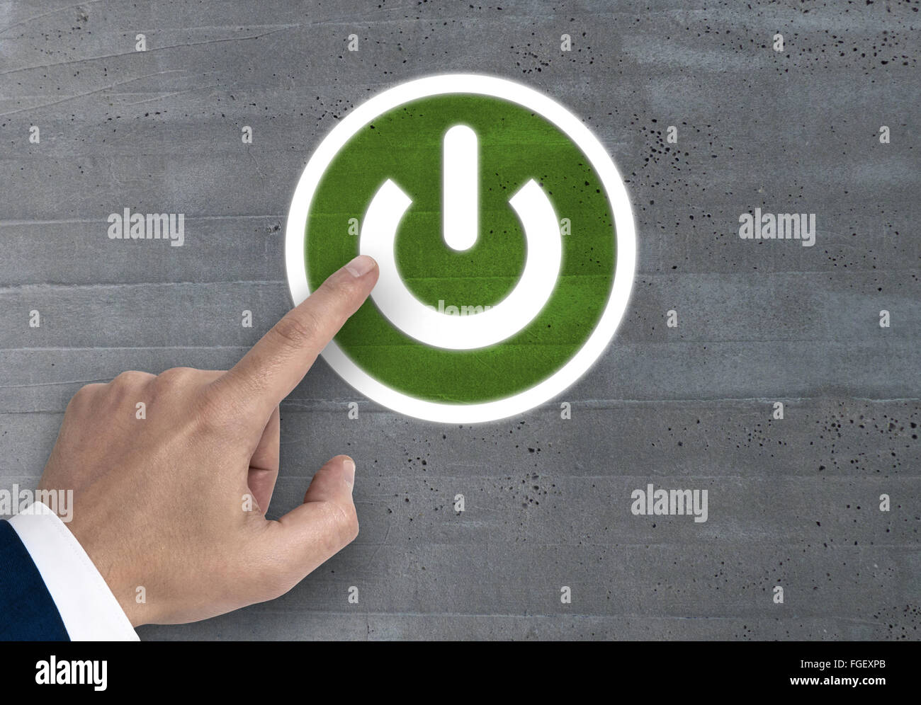 Hand pointing at power button template concept Stock Photo - Alamy