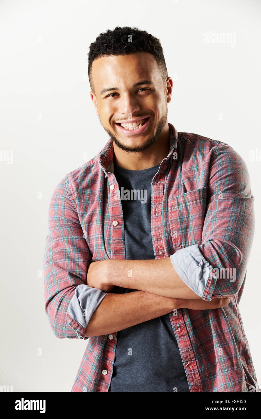 Studio Portrait Of Laughing Man Against White Background Stock Photo ...