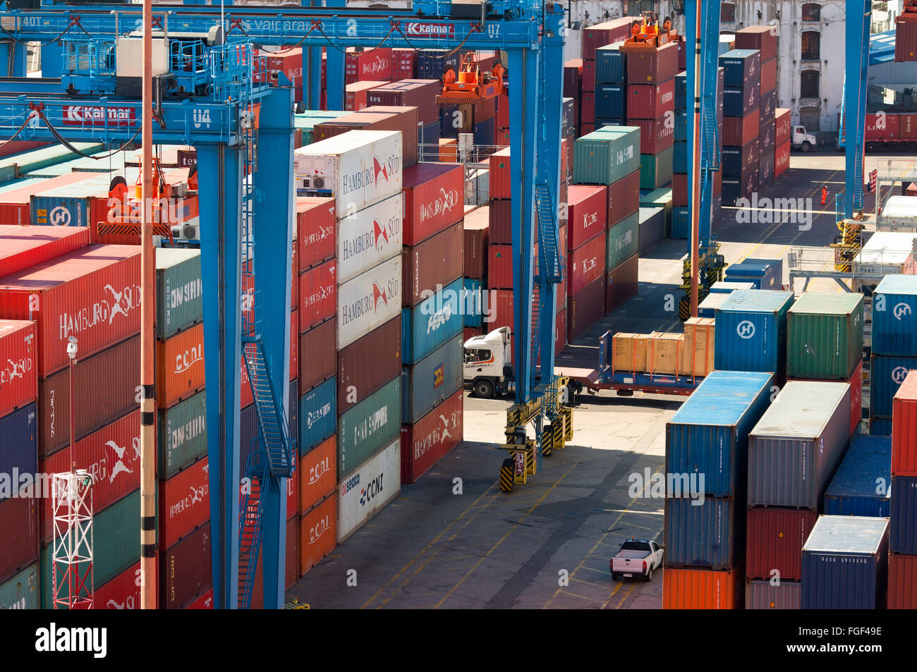 Colourful collection of shipping containers in the historic port of ...
