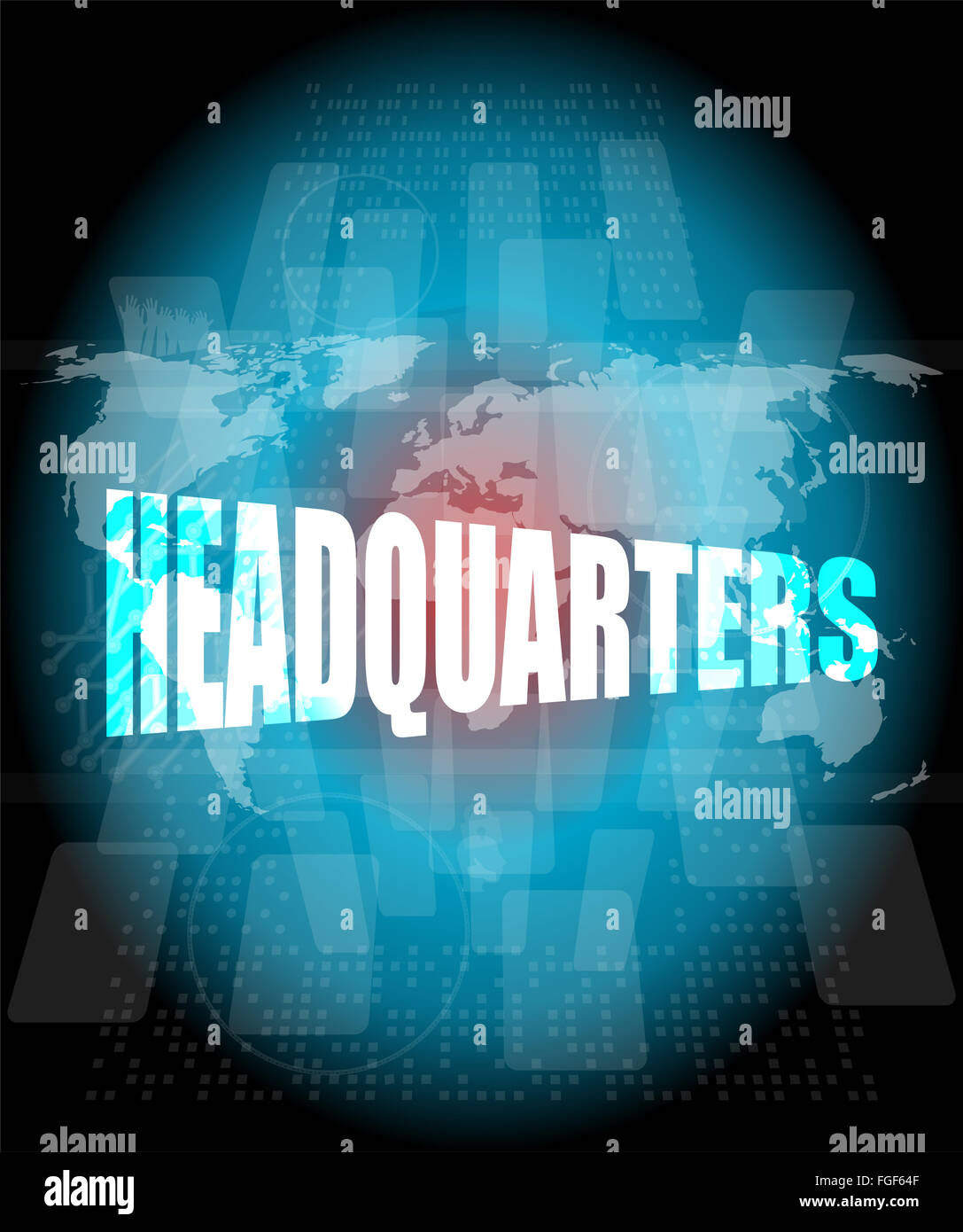 headquarters words on digital screen background with world map Stock ...
