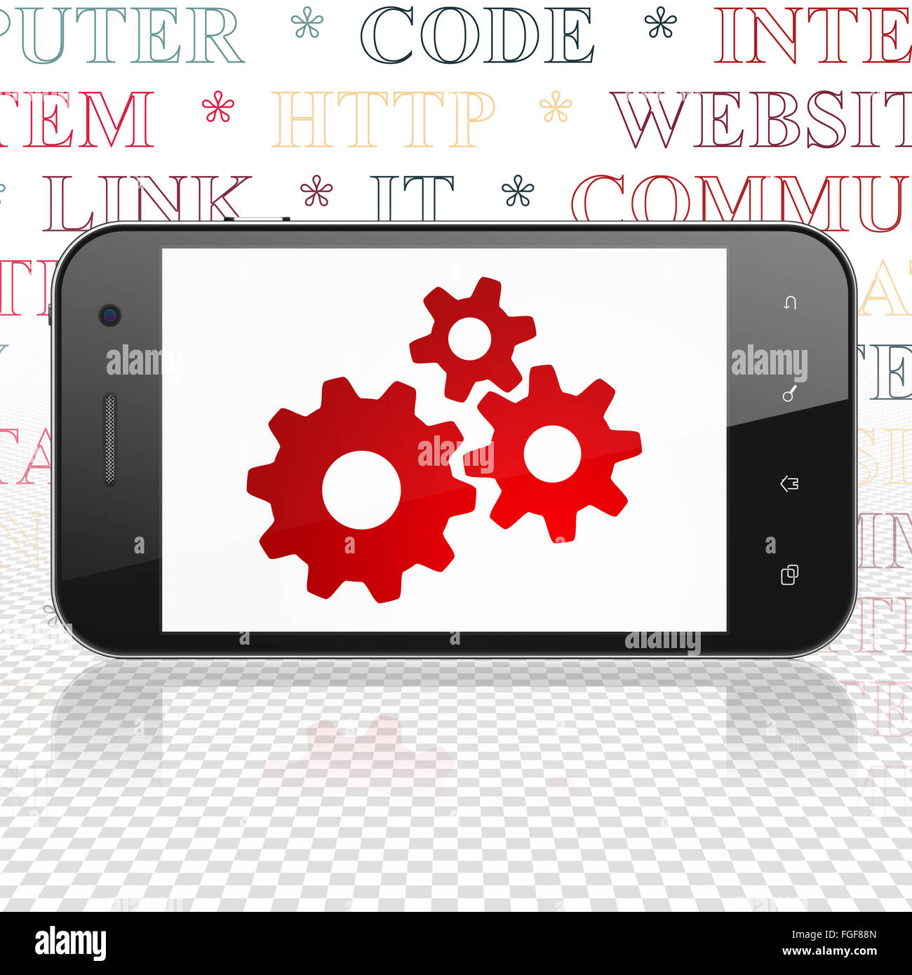Web development concept: Smartphone with Gears on display Stock Photo ...
