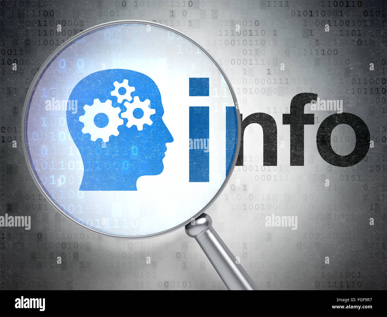 Data concept: Head With Gears and Info with optical glass Stock Photo ...