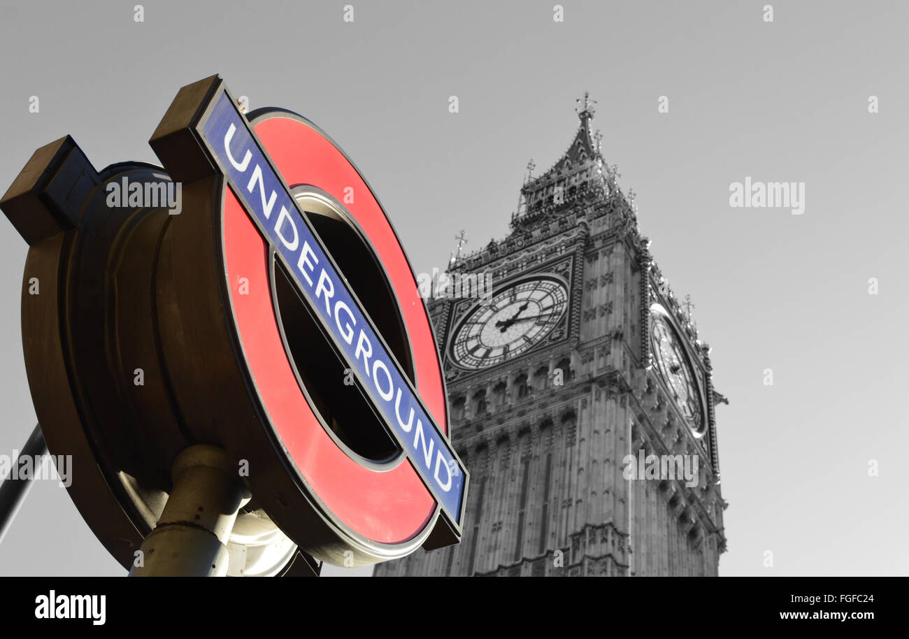 Big Ben looking down on an Underground sign Stock Photo - Alamy