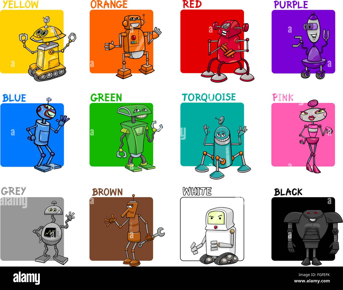 Cartoon Illustration of Primary Colors with Fantasy Robots Educational ...