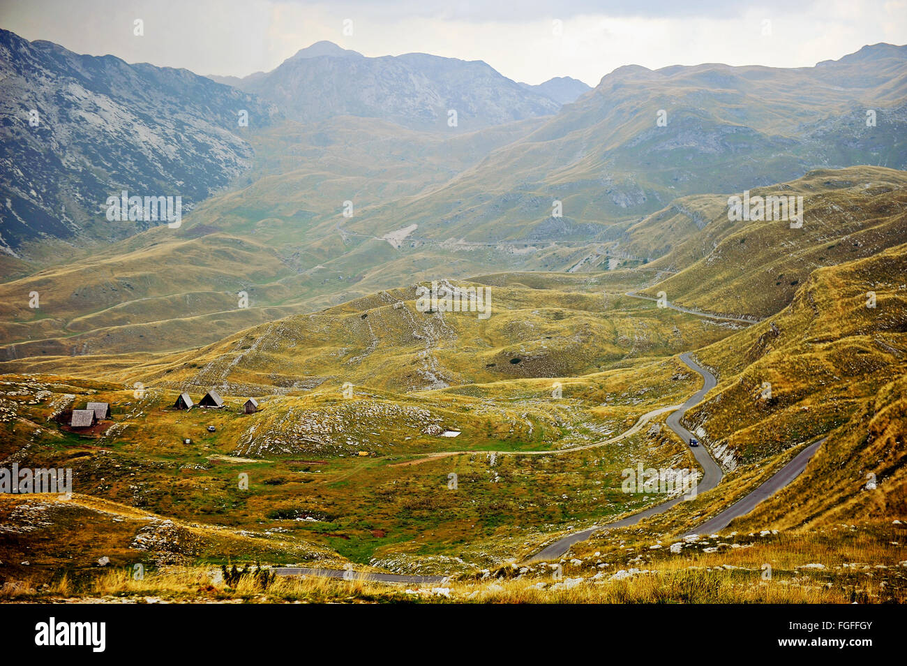 Winding road seen from Sedlo Pass in Durmitor National Park in ...