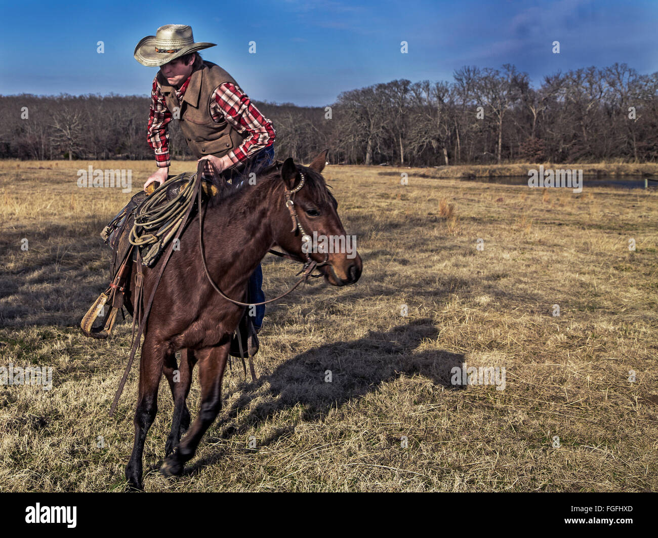 A young cowboy getting on his horse Stock Photo - Alamy