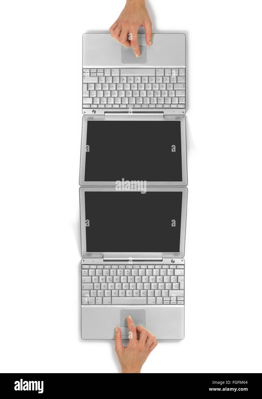 Two laptops with hands isolated on white. Vertical. Symmetrical Stock ...