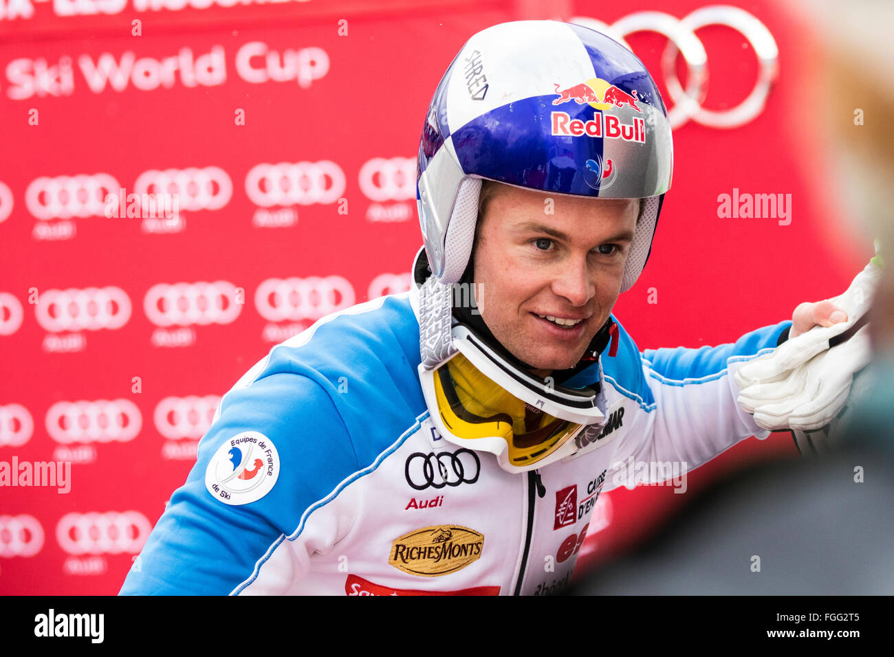 Chamonix, France. 19th February, 2016. Alexis Pinterault at the finish ...