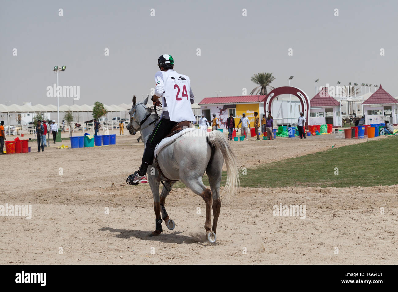 Rider returns to the Endurance Village at the end of a race stage Stock ...