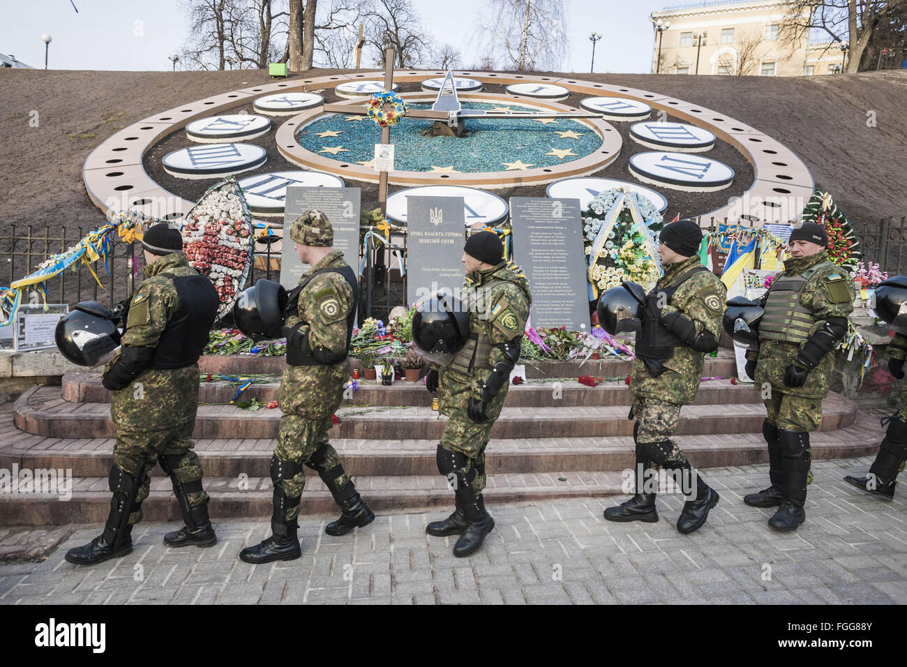Kiev, Kiev, Ukraine. 18th Feb, 2016. Police riot memebrs watch a Maidan ...