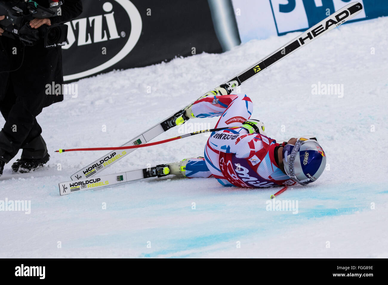 Chamonix, France. 19th February, 2016. Alexis Pinterault arrives at the ...