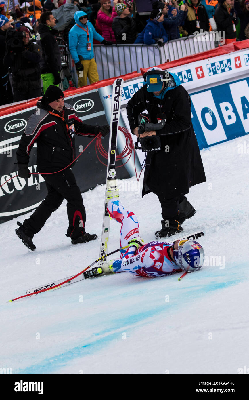 Chamonix, France. 19th February, 2016. Alexis Pinterault is overcome ...