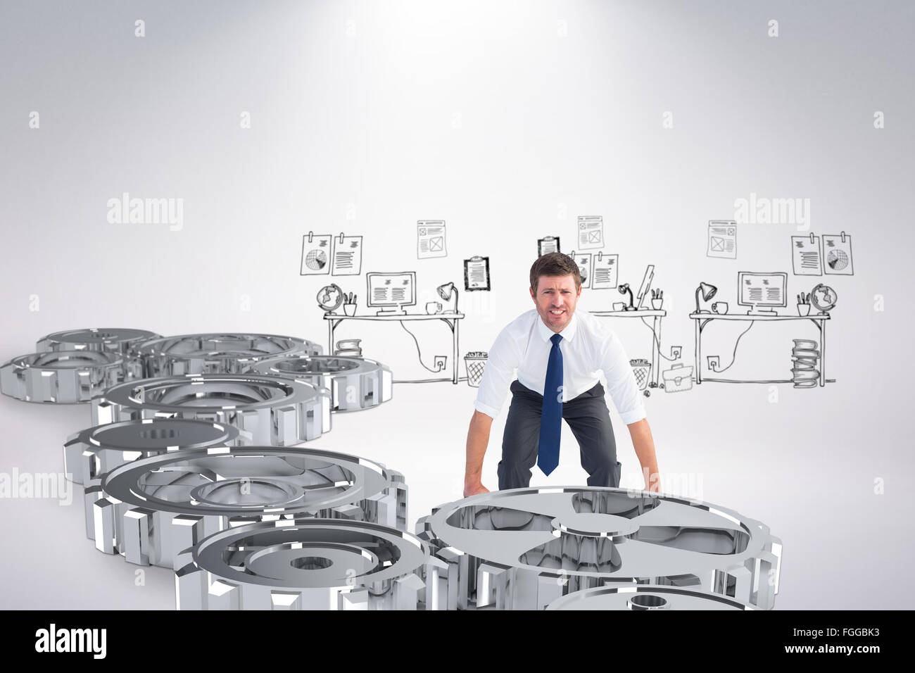 Composite image of businessman bending and lifting Stock Photo - Alamy