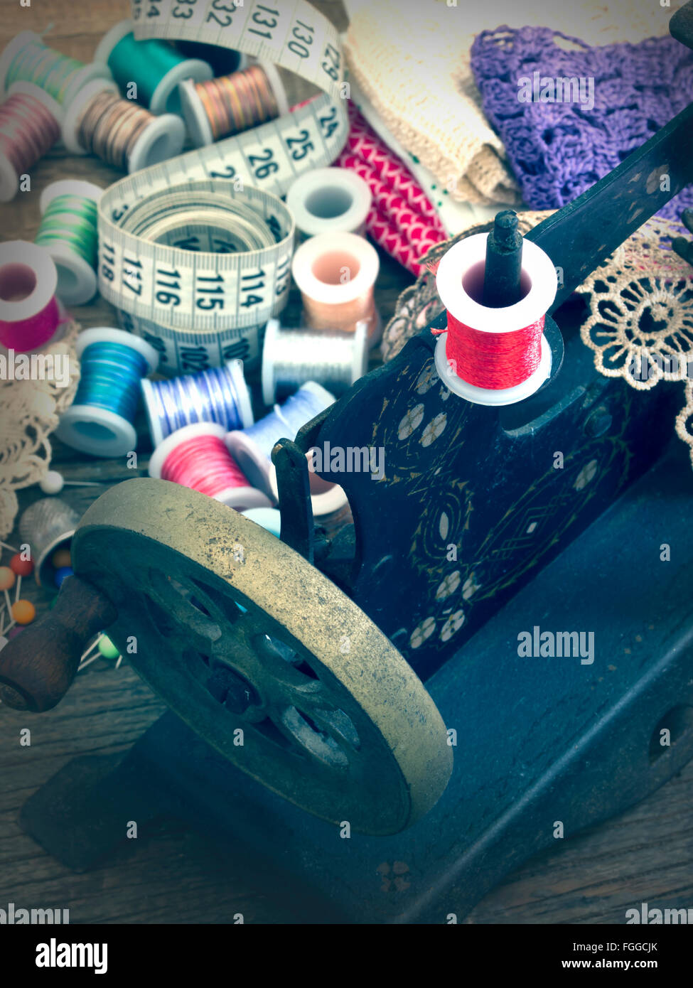sewing machine with sewing equipment Stock Photo - Alamy