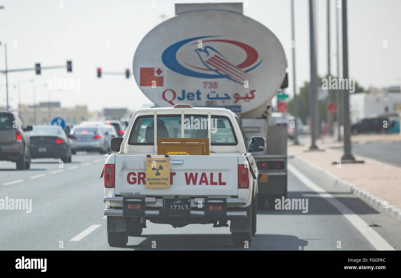 Transporting Radioactive material by road in Qatar. Caution Stock Photo ...