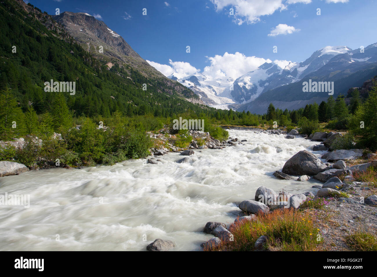 Swiss mountain landscape of the Morteratsch Glacier Valley hiking trail ...