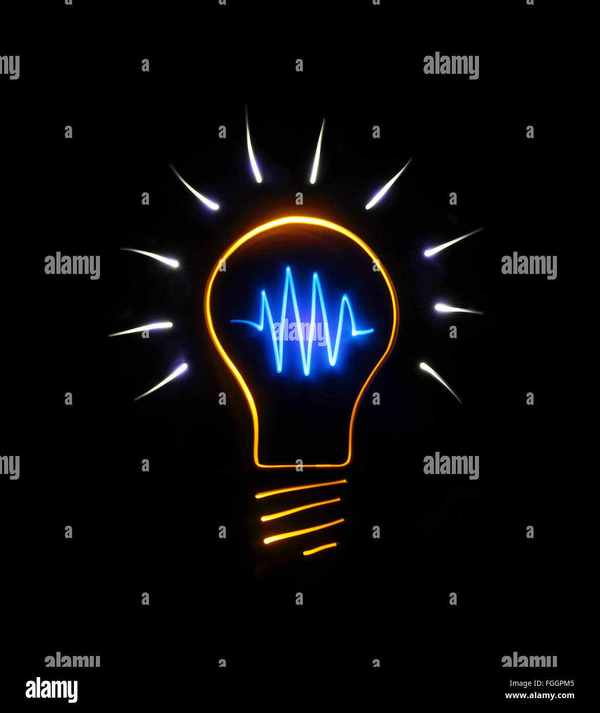 Exclamation mark in light bulb on abstract screen against tiny figures ...