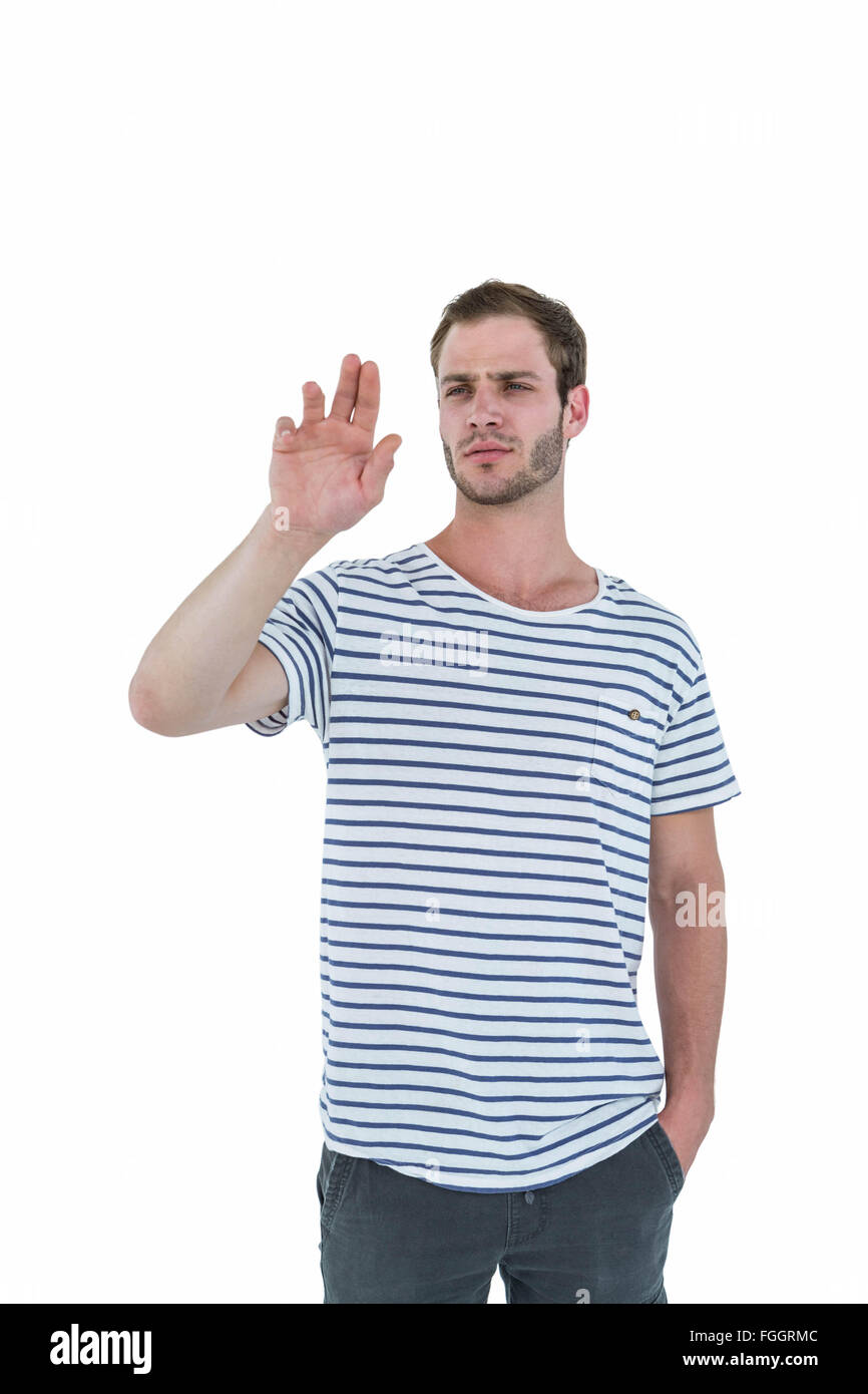 Hipster man looking at his hands Stock Photo - Alamy