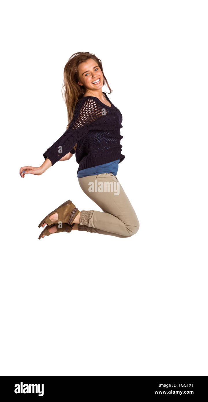 Happy excited woman jumping out hi-res stock photography and images - Alamy