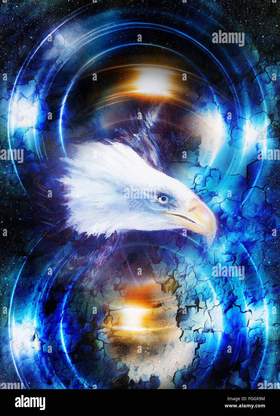 eagle in cosmic space and light circle. original painting collage ...