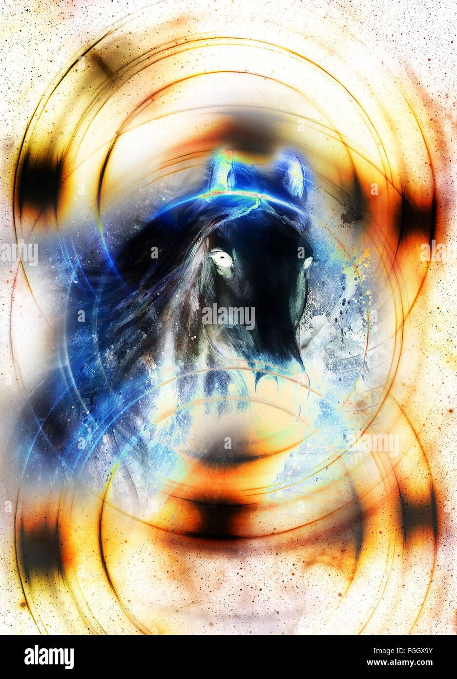 Horse in space, in circle light. Mirror on the planet Earth. Animal ...