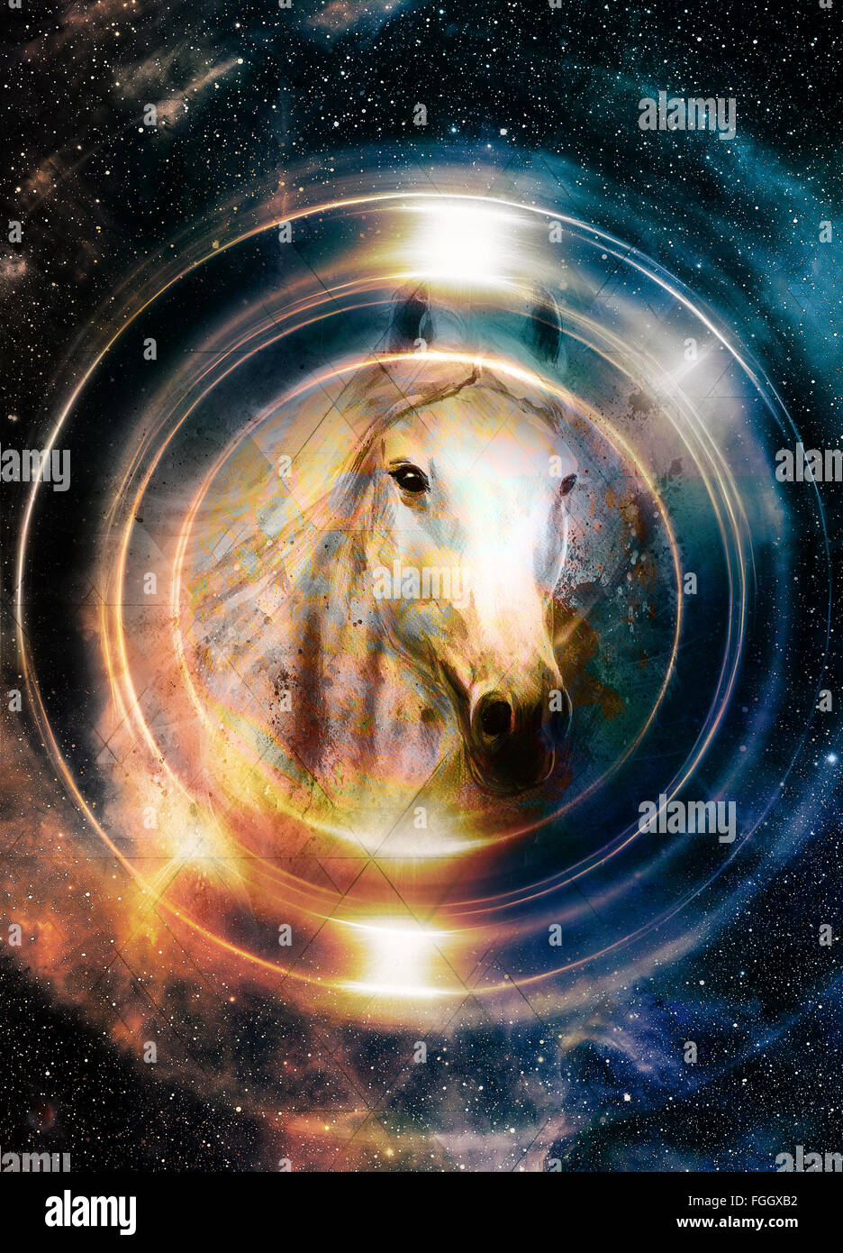 Horse in space, in circle light. Mirror on the planet Earth. Animal ...
