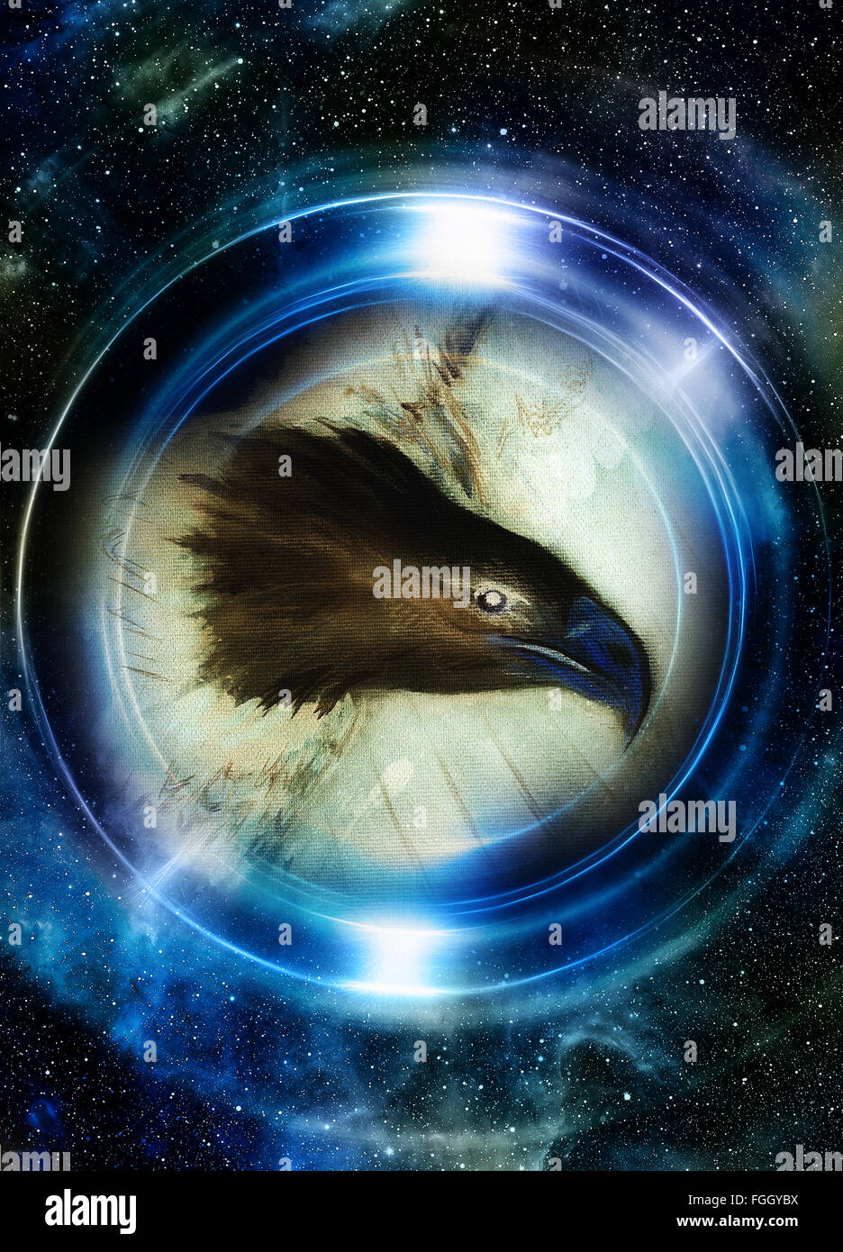 eagle in cosmic space and light circle. original painting collage ...