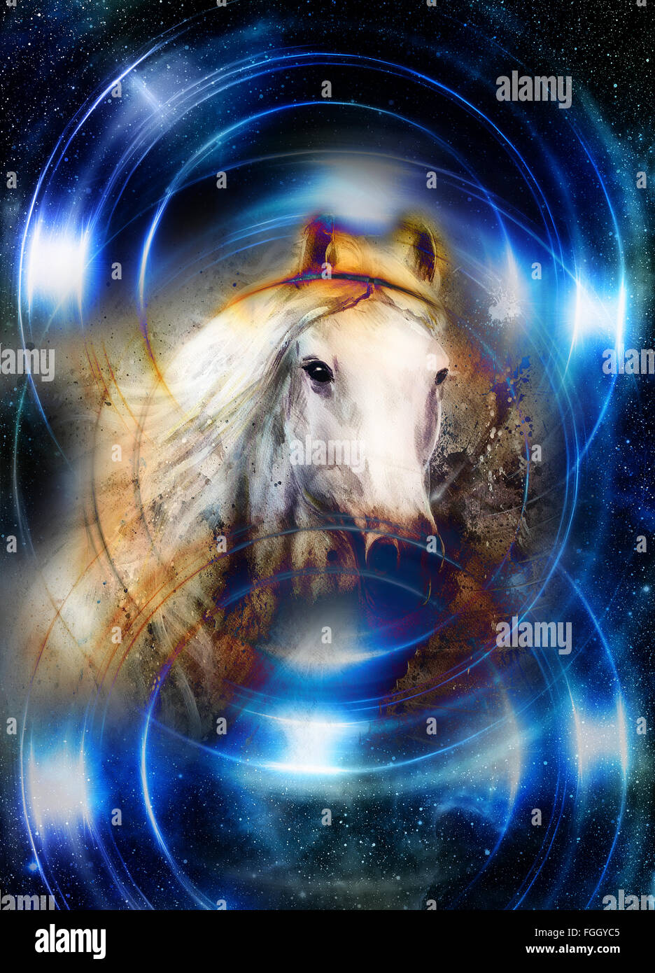 Horse in space, in circle light. Mirror on the planet Earth. Animal ...