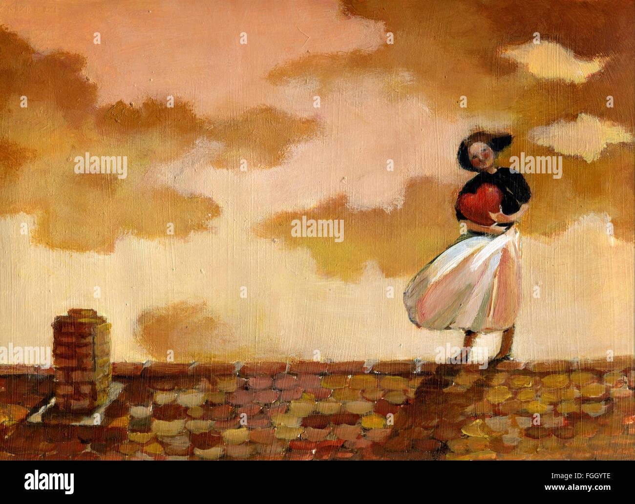 Woman on a roof with a hearth Stock Photo - Alamy