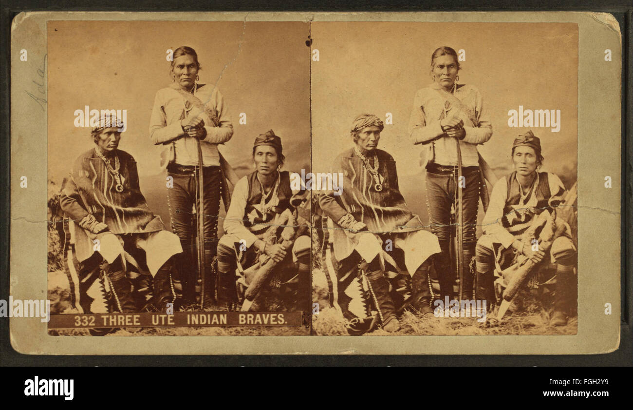 A photograph by Charles Weitfle showing three Ute Indian braves. The ...