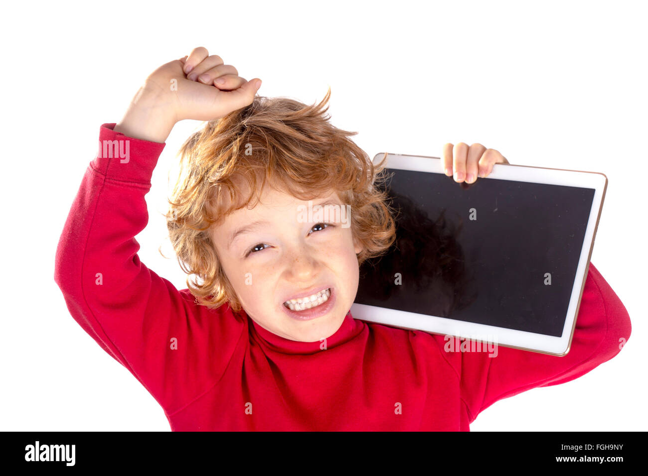 boy angry for pad tablet screen time isolated on white background Stock ...