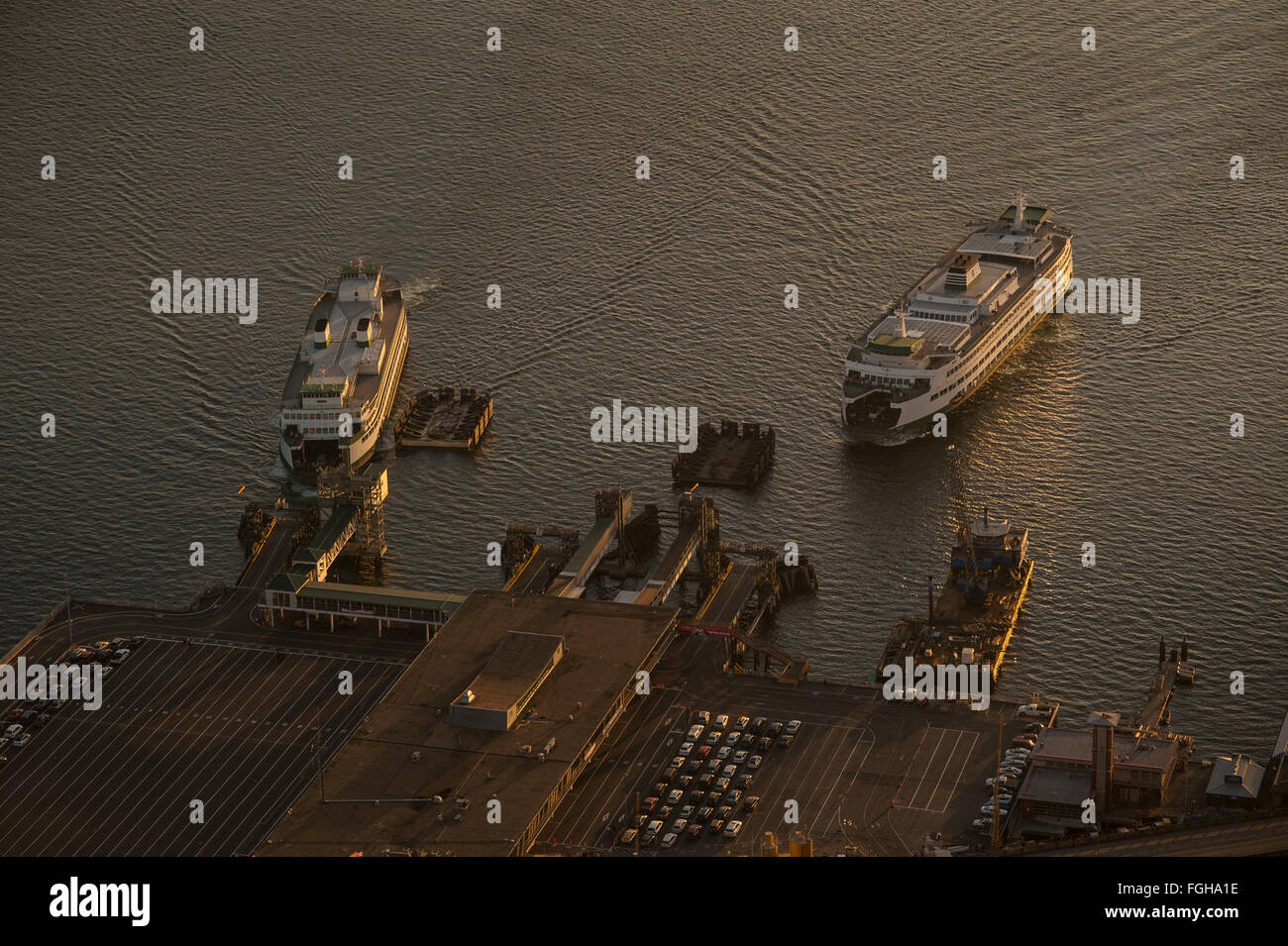 Passenger ferry boat docking at terminal Seattle waterfront Elliott bay ...