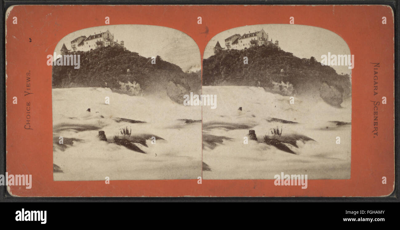 A stereoscopic photograph showing a view of rapids with a residential ...
